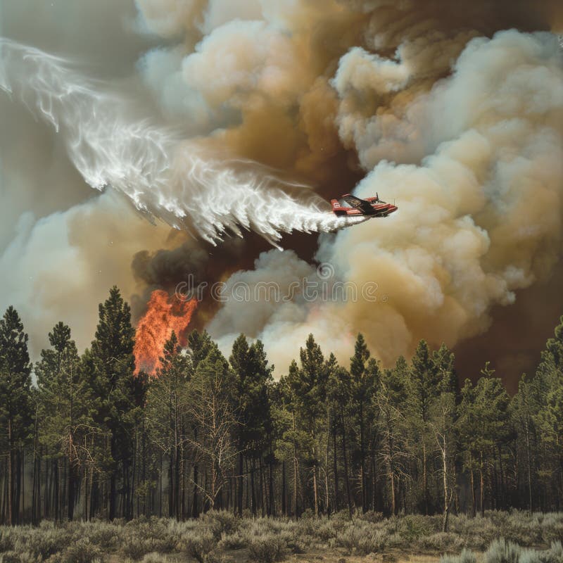 Plane Dropping Water on Forest Fire Creating Dramatic Scene Stock Photo ...