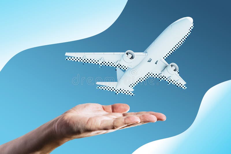 Plane Emerging from Hand with Blue Gradient Background, Symbolizing ...