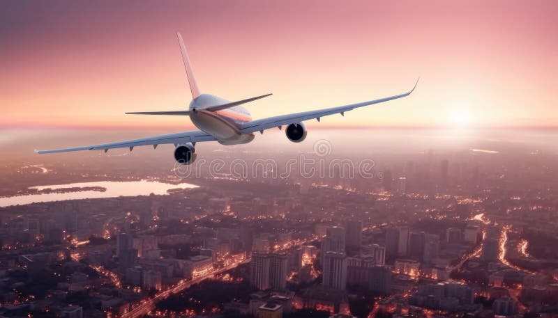 The Plane Flies Against the Backdrop of the City at Sunrise Stock Photo ...