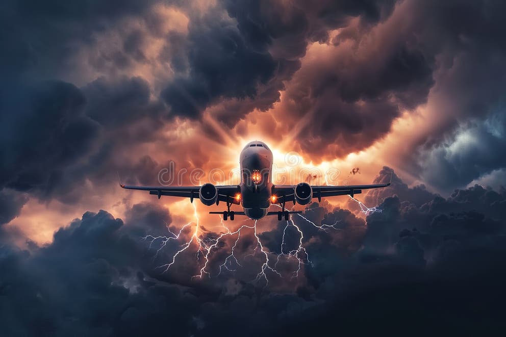 The Plane Flies in a Dramatic Stormy Sky among Clouds and Lightning ...