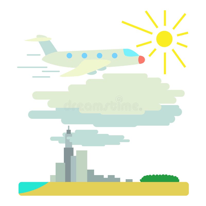Plane Flies Over City Concept, Flat Style Stock Vector - Illustration ...