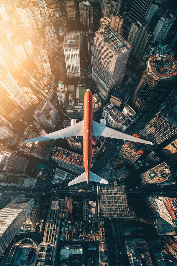 The Plane Flies Over the City Top View. Selective Focus Stock Image ...