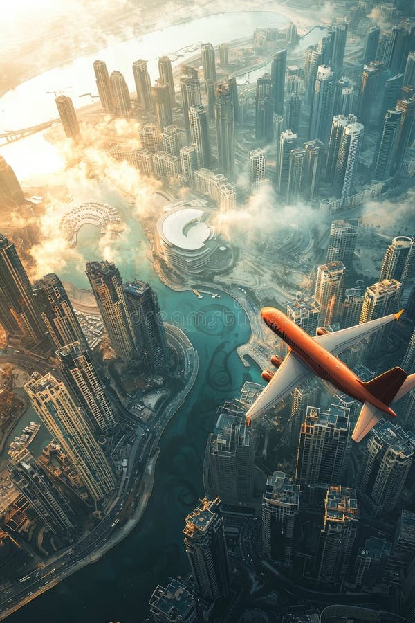 The Plane Flies Over the City Top View. Selective Focus Stock Image ...