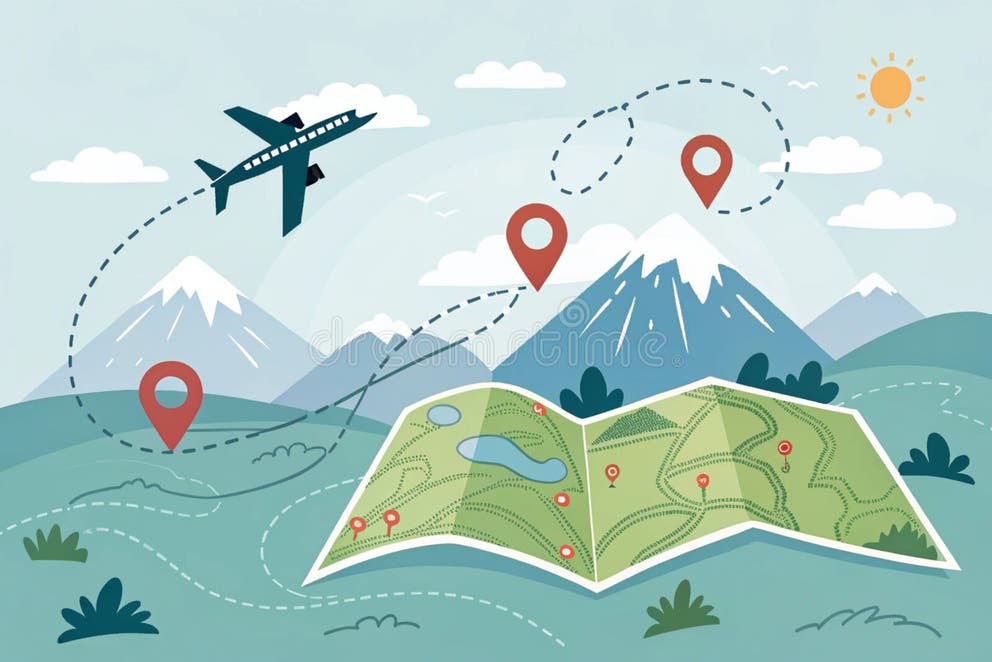 Plane Flies Over a Landscape with Map Pointers and Dashed Lines ...