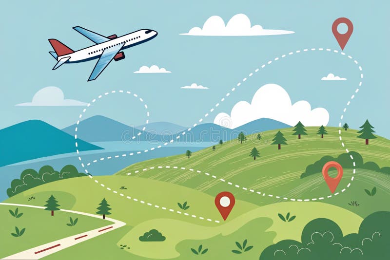 Plane Flies Over a Landscape with Map Pointers and Dashed Lines ...