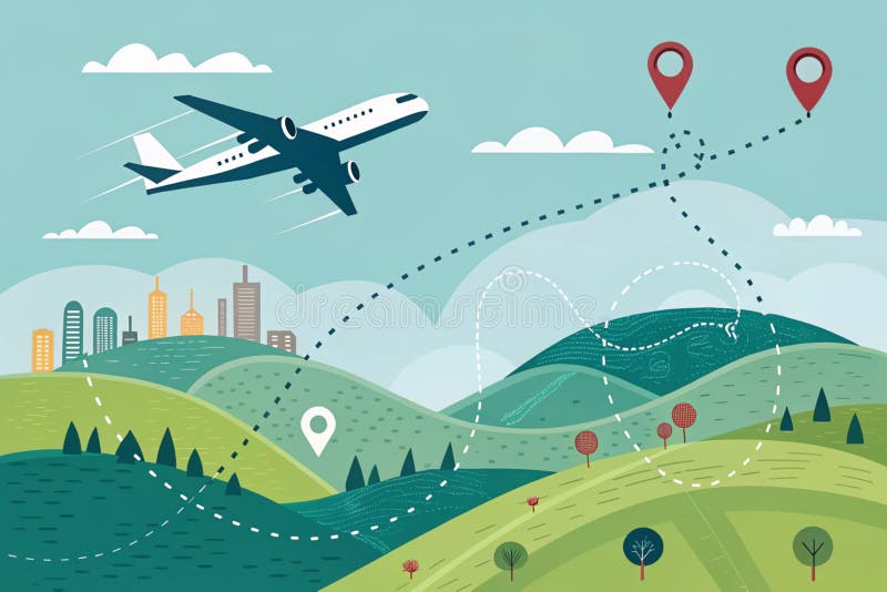 Plane Flies Over a Landscape with Map Pointers and Dashed Lines ...