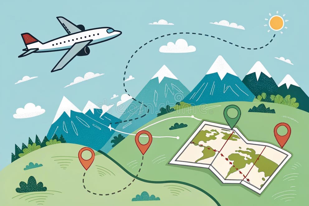 Plane Flies Over a Landscape with Map Pointers and Dashed Lines ...