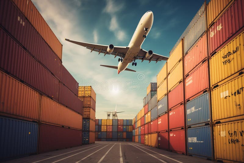 The Plane Flies Over the Logistics Cargo Containers. Concept of ...