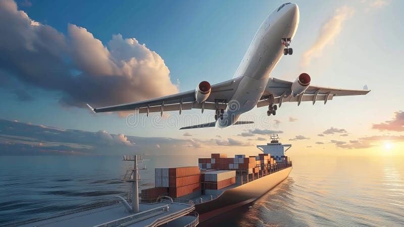 Plane Flies Over Ship and Truck on the Ocean Stock Image - Image of ...