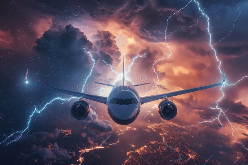 The Plane Flies through a Thunderstorm and Lightning. Stock ...