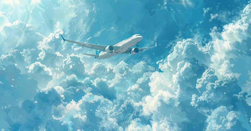 The Plane is in Flight through the Blue Sky, in the Style of Green and ...