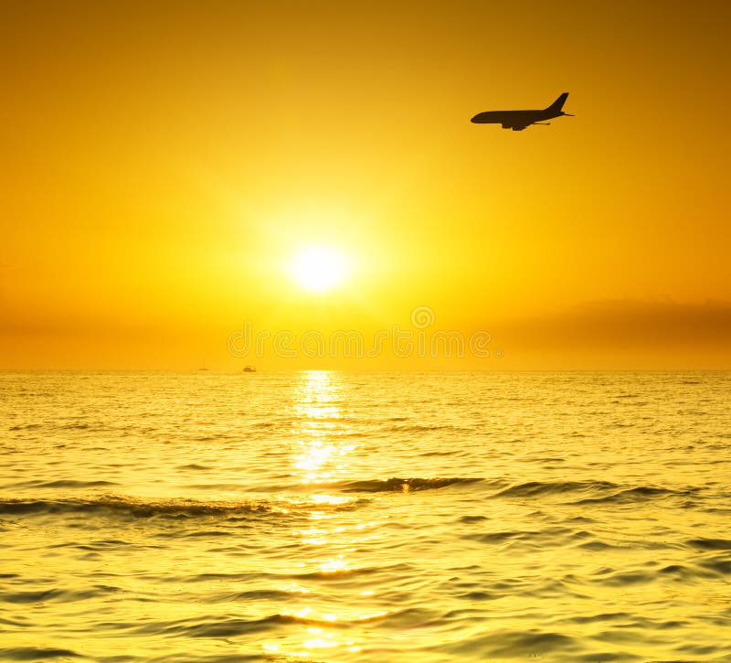 Plane Fly Over Water during Sunrise Stock Image - Image of morning ...