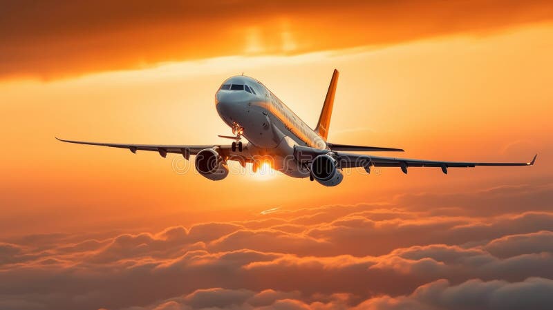 The Plane Fly Toward the Setting Sun. Beautiful Illustration Picture ...