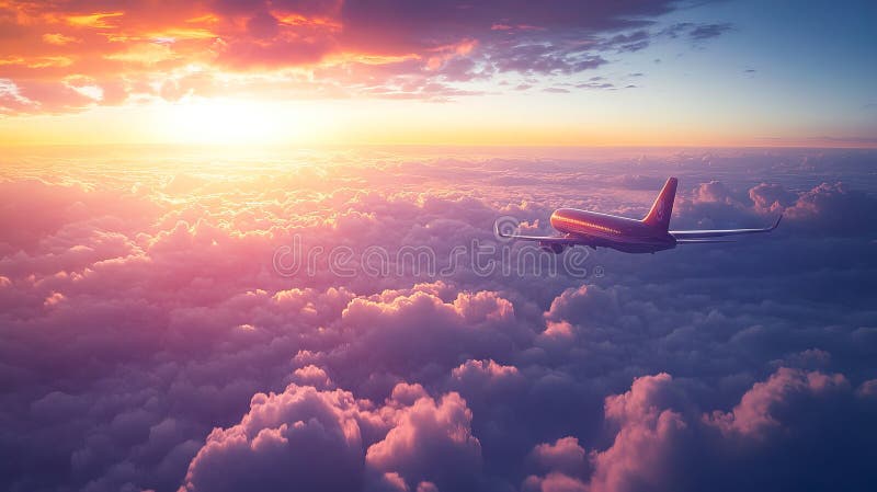 A Plane Flying Above the Clouds at Sunset Stock Image - Image of center ...