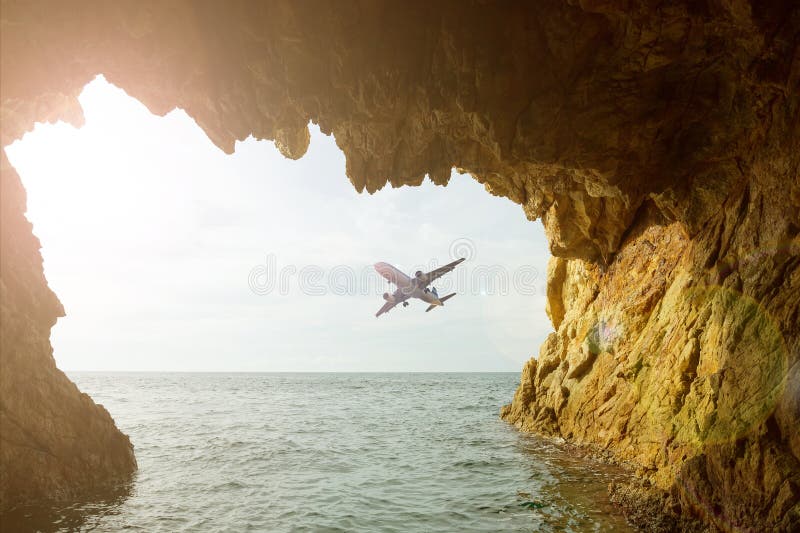 Plane flying above water stock image. Image of foreign - 94779617