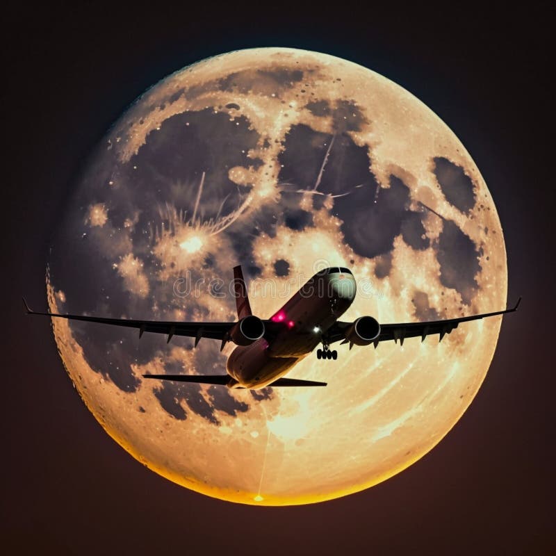 Plane Flying Against the Backdrop of the Full Moon Stock Image - Image ...