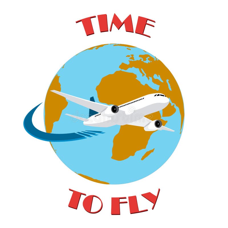 Plane Flying Around the World with Time To Fly Text. Tourism Concept ...