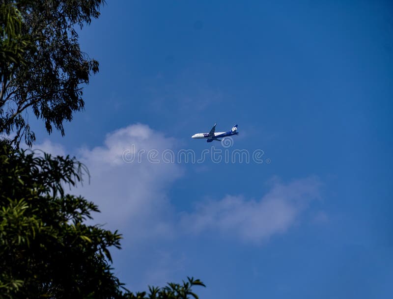 The Plane is Flying in the Blue Sky Editorial Photography - Image of ...
