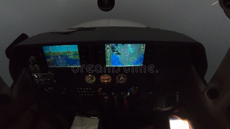 Plane is Flying through a Dark Cloud, View from Inside the Pilot Cabin ...