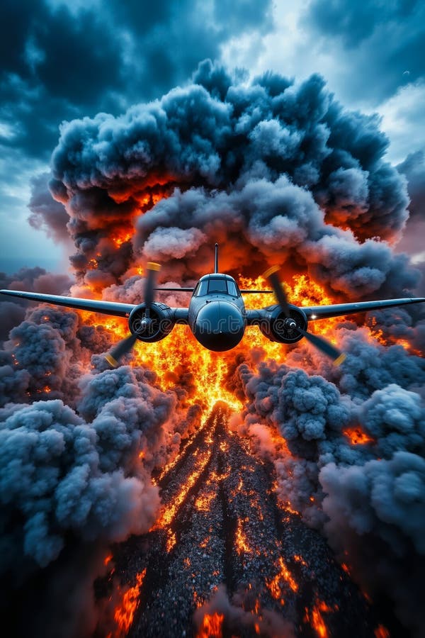 A Plane Flying through a Large Explosion of Smoke and Flames Stock ...