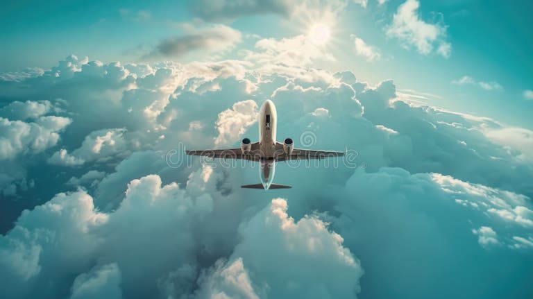 A Plane Flying High Above Fluffy White Clouds Stock Image - Image of ...