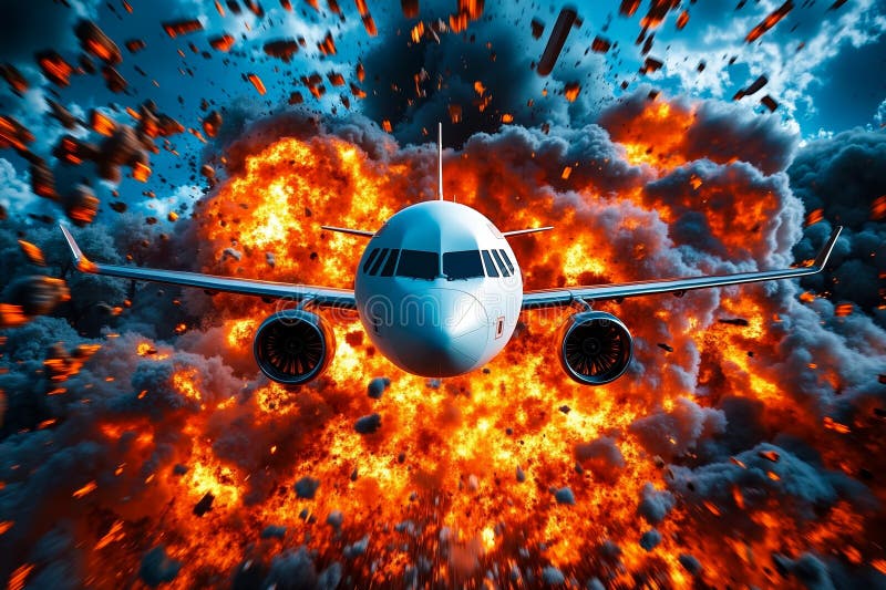 A Plane Flying through a Large Explosion of Fire and Smoke Stock Image ...