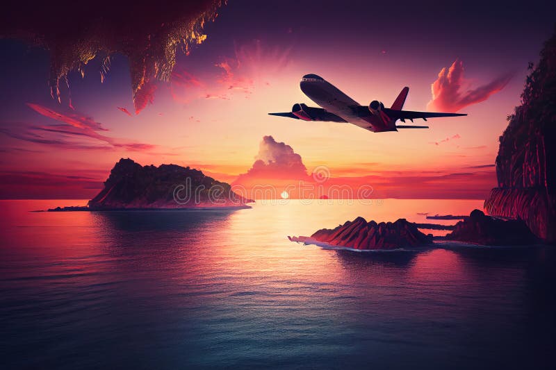 Plane Flying Over the Beach at Sunset. Generative AI, Generative, AI ...