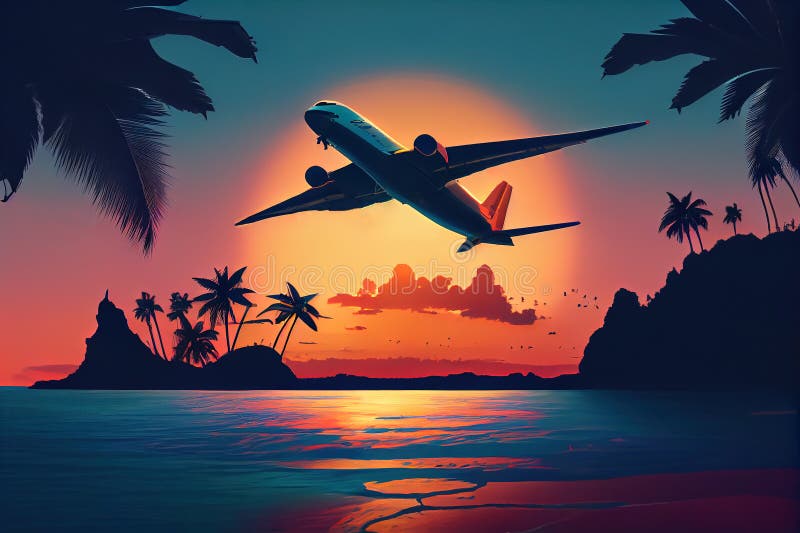 Plane Flying Over the Beach at Sunset. Generative AI, Generative, AI ...