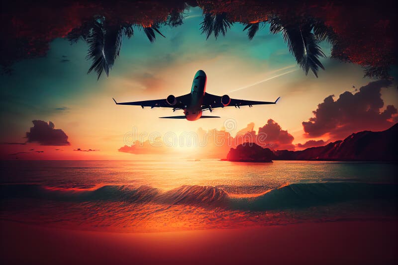 Plane Flying Over the Beach at Sunset. Generative AI, Generative, AI ...