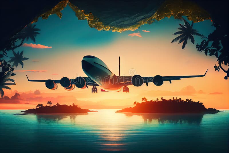 Plane Flying Over the Beach at Sunset. Generative AI, Generative, AI ...