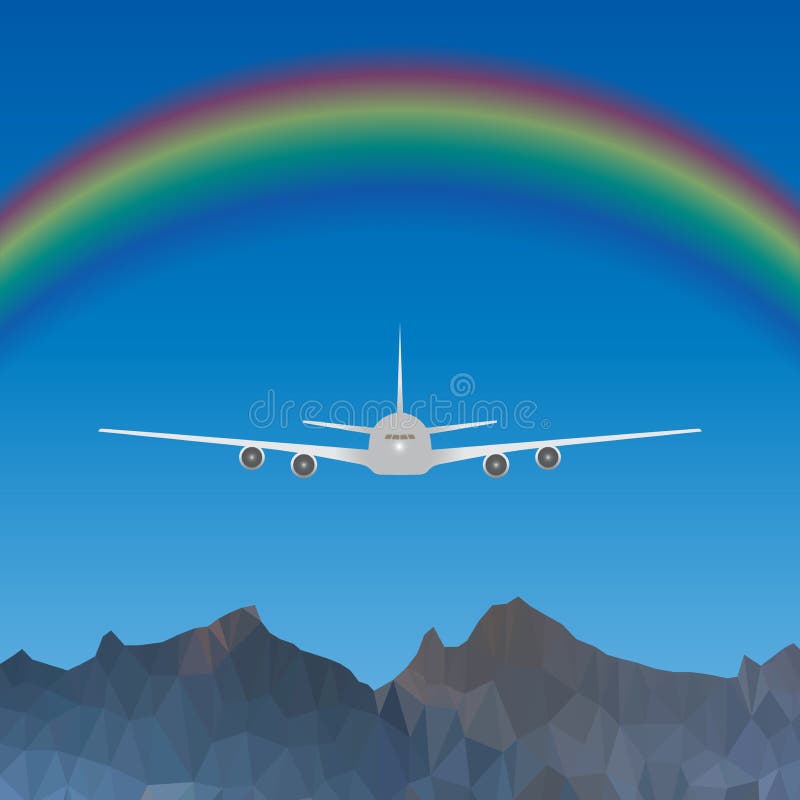 Plane Flying Over Blue Sky with Rainbow Over High Mountains Stock ...