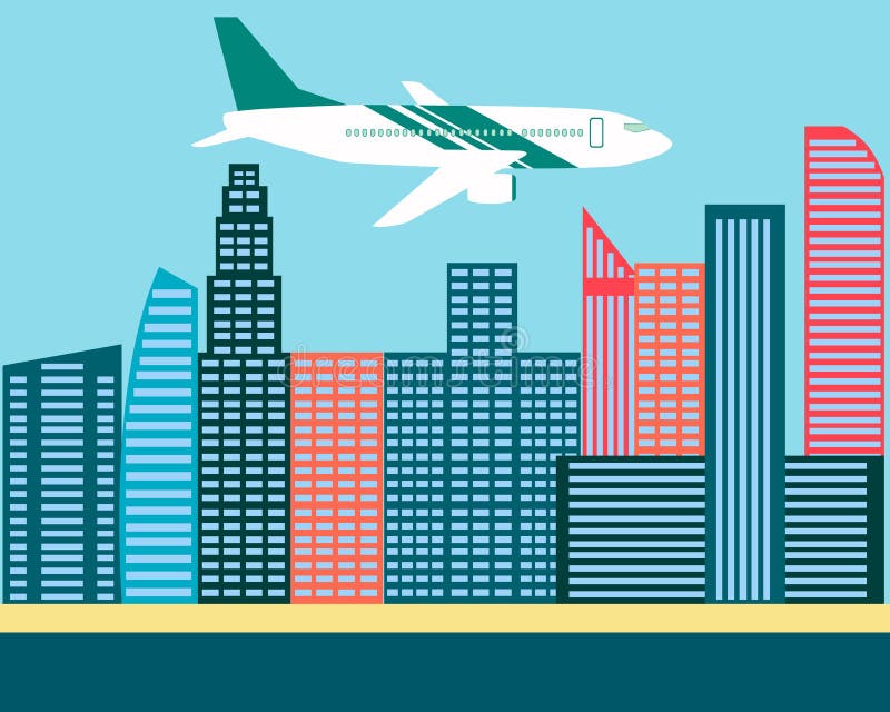 Plane flying over the city stock vector. Illustration of vector - 56119764