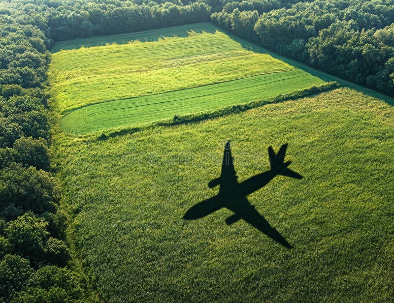 A Plane Flying Over Green Fields, the Shadow of an Airplane is Seen on ...