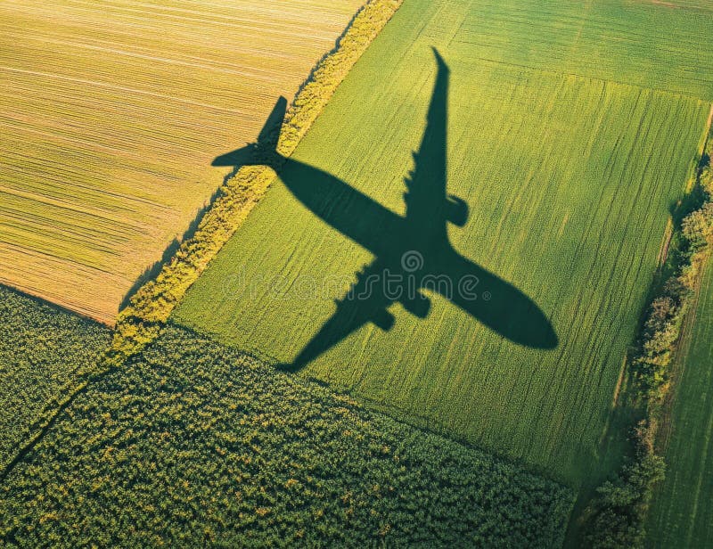 A Plane Flying Over Green Fields, the Shadow of an Airplane is Seen on ...