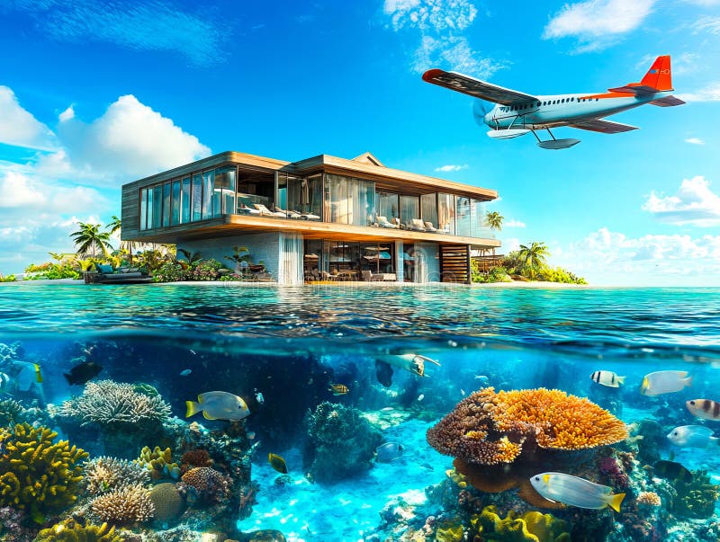 A Plane Flying Over a House in the Ocean with a Plane Flying Above it ...