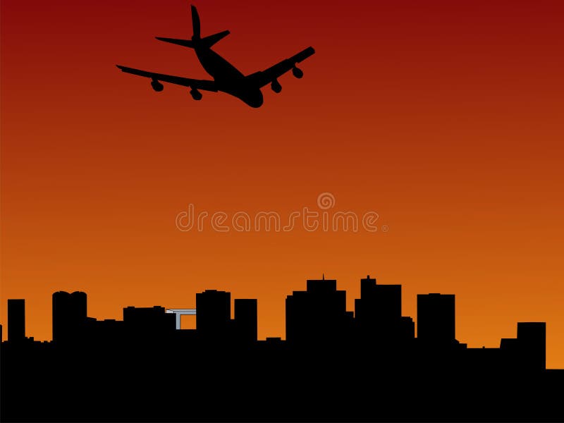 Plane Flying Towards Sunset Stock Illustration - Illustration of ...