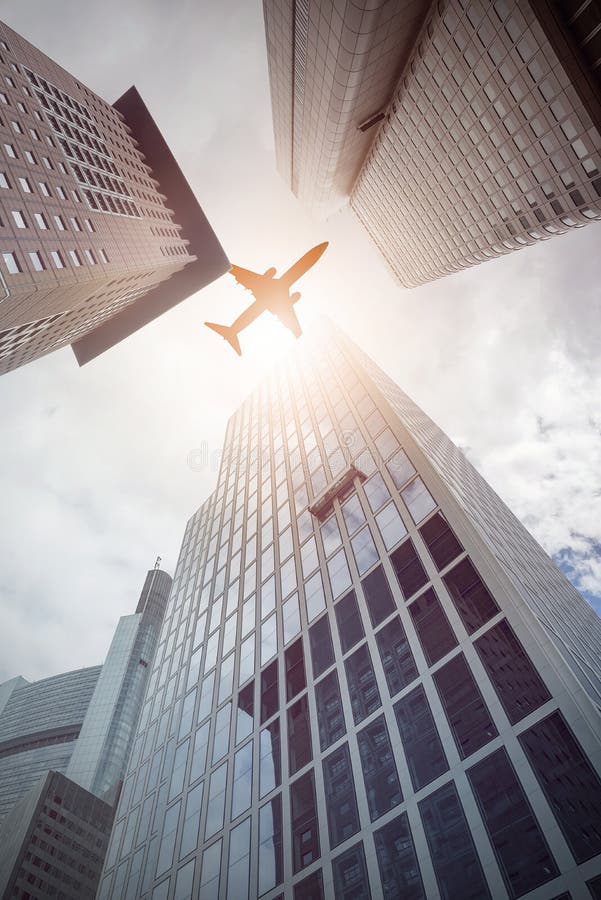 Plane Flying Over Modern Office Skyscrapers Stock Photo - Image of city ...