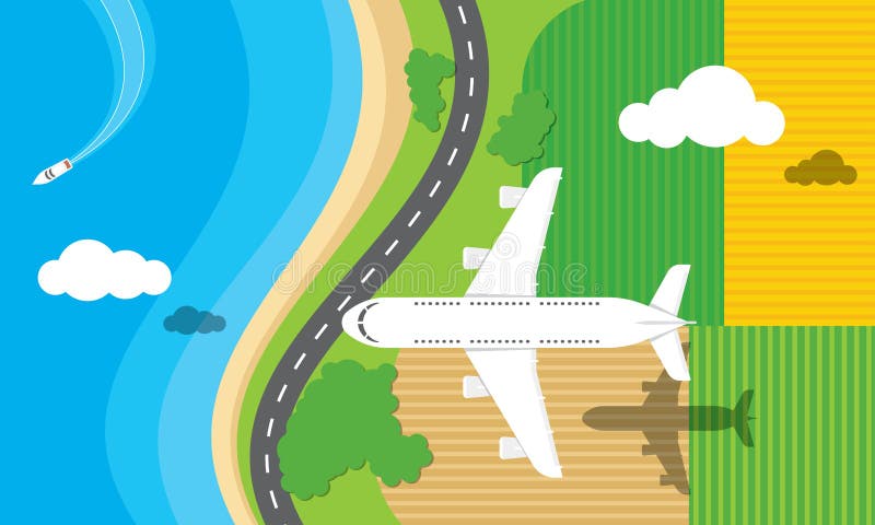 Plane Flying Over a Road, Fields and the Sea Stock Vector ...