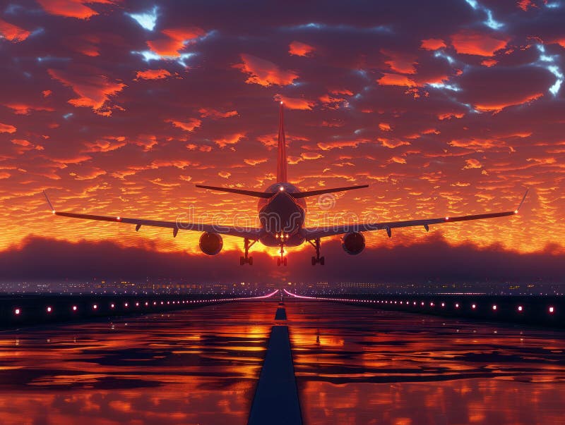 Photorealistic Image, an Airplane Taking Off at Dawn, Sky with Clouds ...