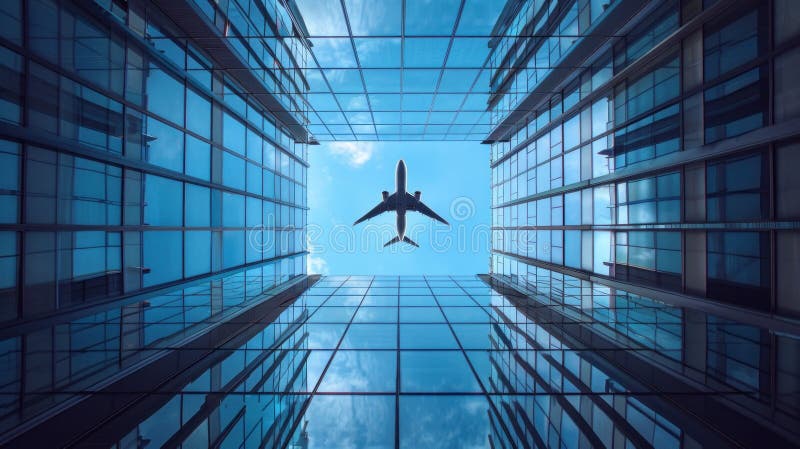Plane Flying Perspective from Below Around Building Glass, Bright Blue ...