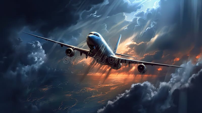 A Plane Flying through a Scary Cloud at the Darkest Hour Stock ...