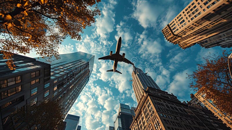 Plane Flying in the Sky Over Tall Skyscrapers, View Upside Down Stock ...