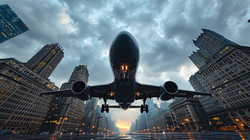 Plane Flying in the Sky Over Tall Skyscrapers, View Upside Down Stock ...