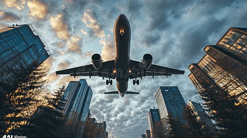 Plane Flying in the Sky Over Tall Skyscrapers, View Upside Down Stock ...