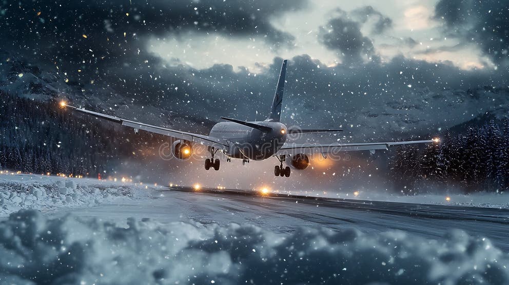 A Plane is Flying through a Snowy Sky Stock Illustration - Illustration ...