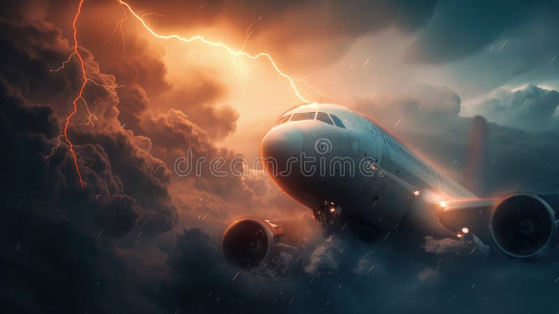 A Plane is Flying through a Storm with a Lightning Bolt in the Sky ...