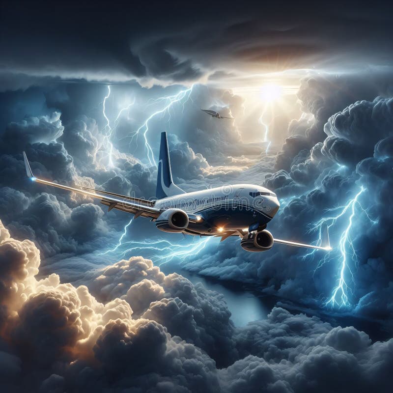 A Plane is Flying through a Stormy Sky with Lightning Bolts Stock Photo ...