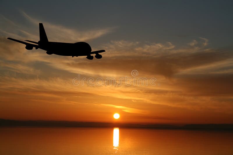 Plane Flying Towards Sunset Stock Illustration - Illustration of ...