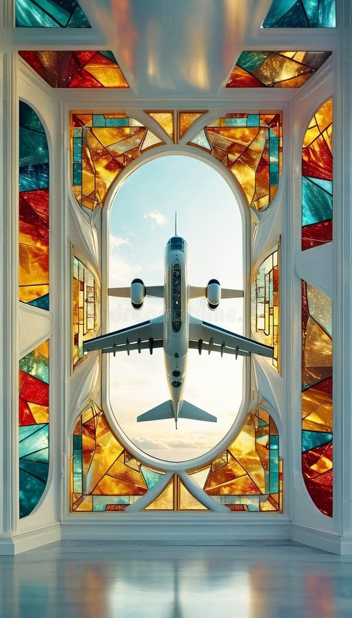 Plane Flying through Window with Stained Glass Stock Illustration ...