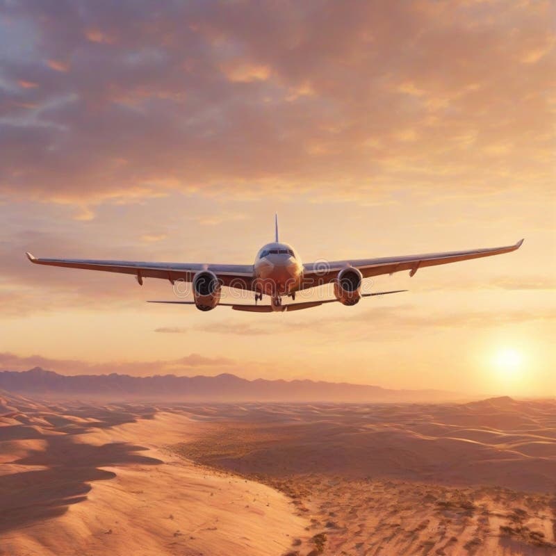 A Passenger Plane Flies Over Desert Dunes at Sunset Stock Illustration ...